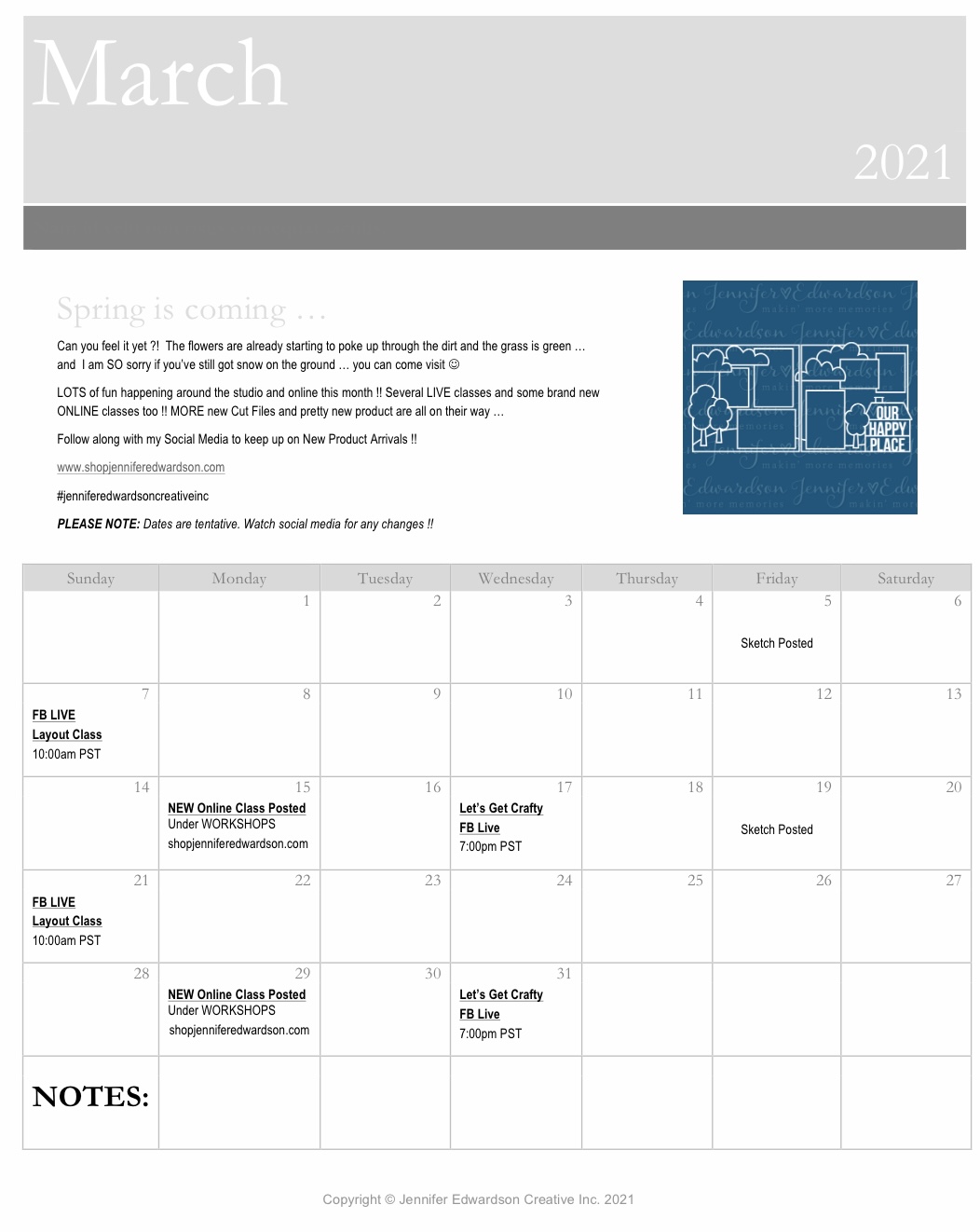 MARCH Calendar of Classes - Jennifer Edwardson Creative